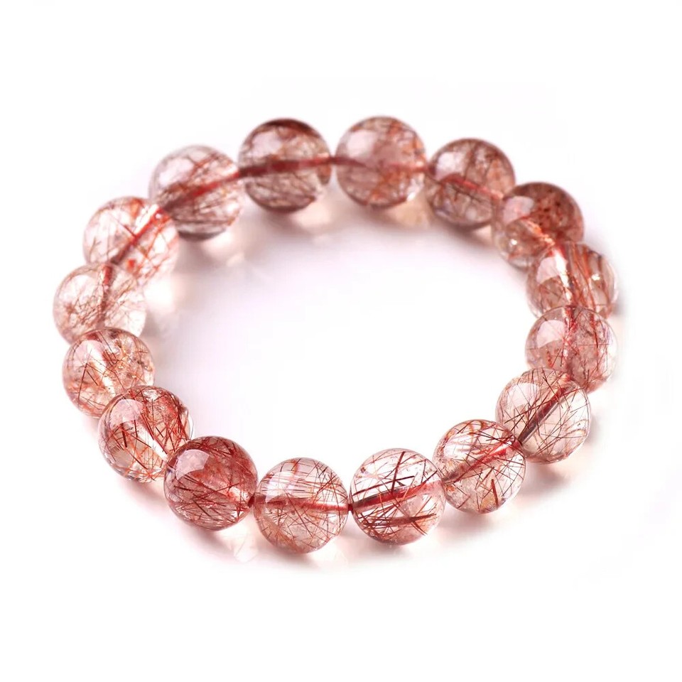 Natural Red Rutilated Quartz Crystal Women Clear Round Beads Bracelet ...