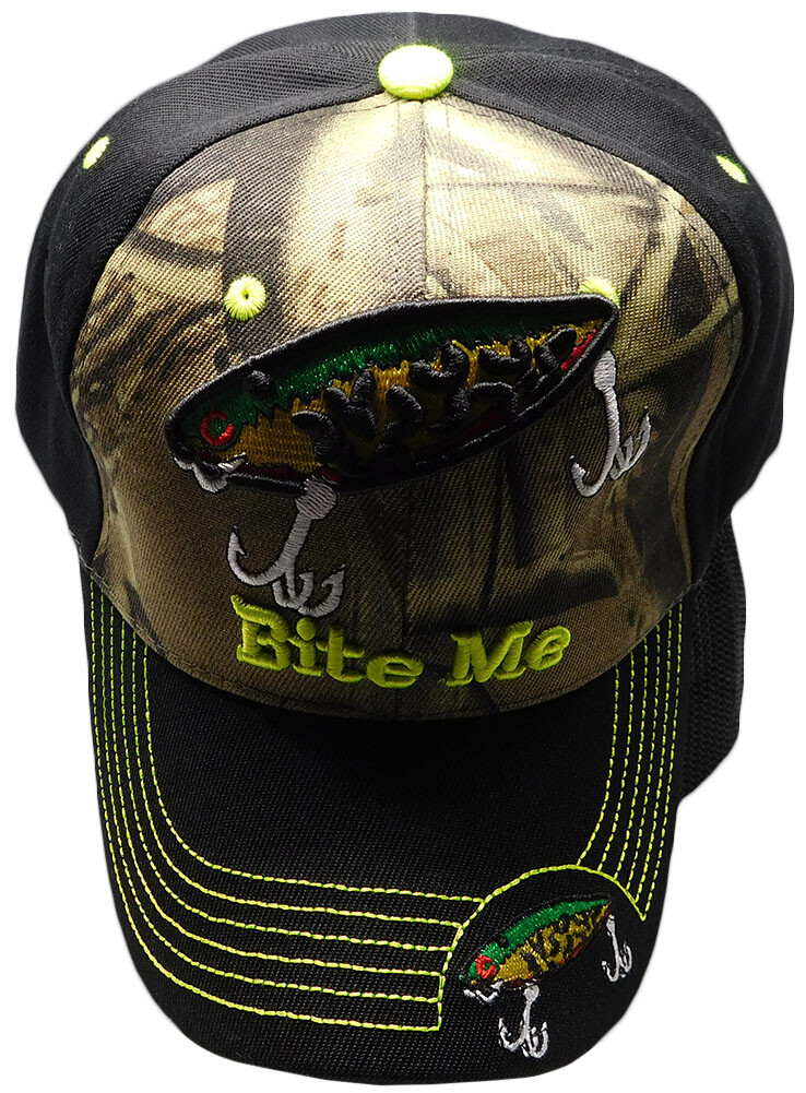 Bite Me Fishing Lure Fish Bass Camouflage Front Black Back Embroidered ...