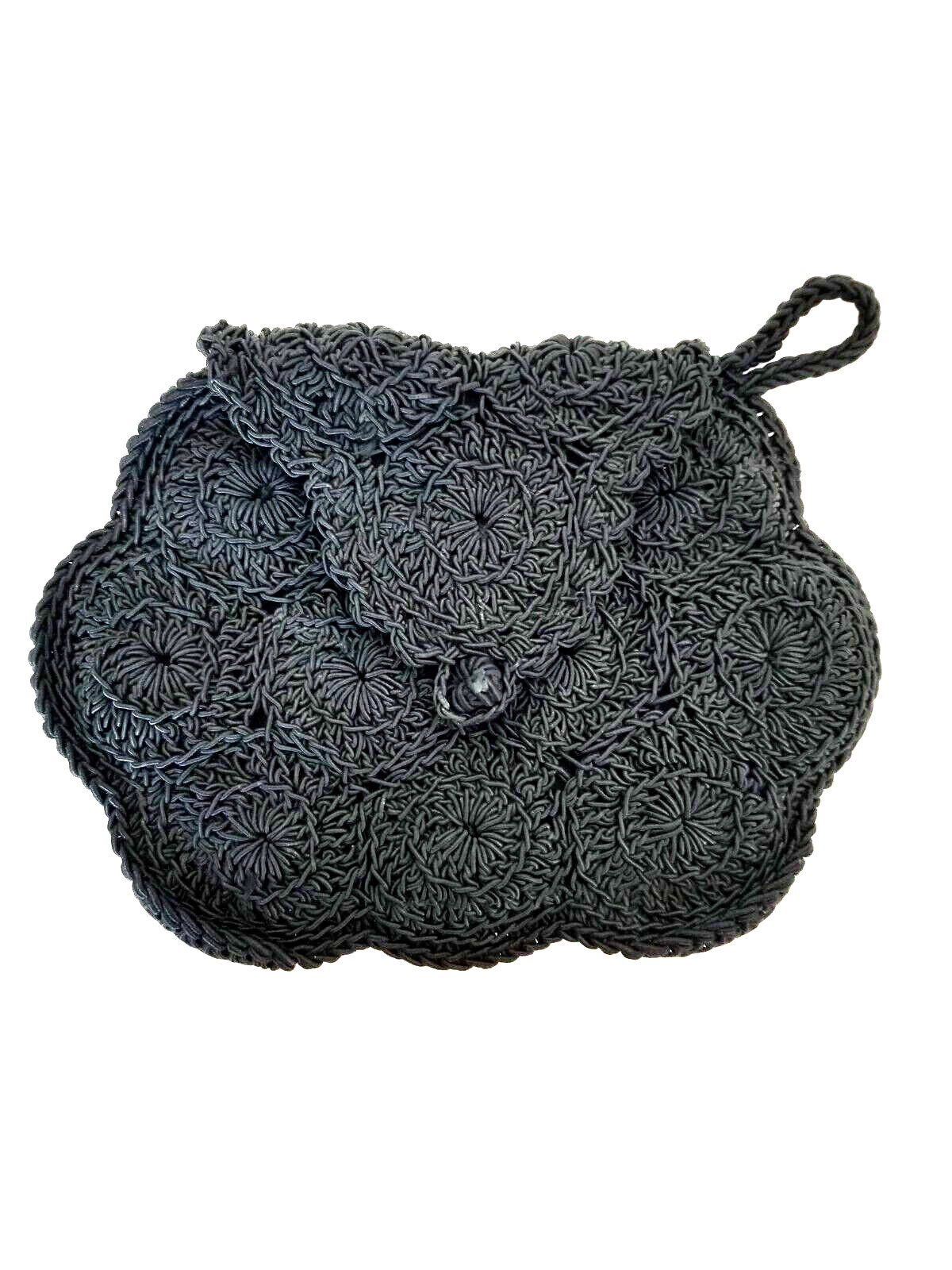 VINTAGE 1940’s Black Crochet Clam Shell Purse Bag, Ex… - Gem