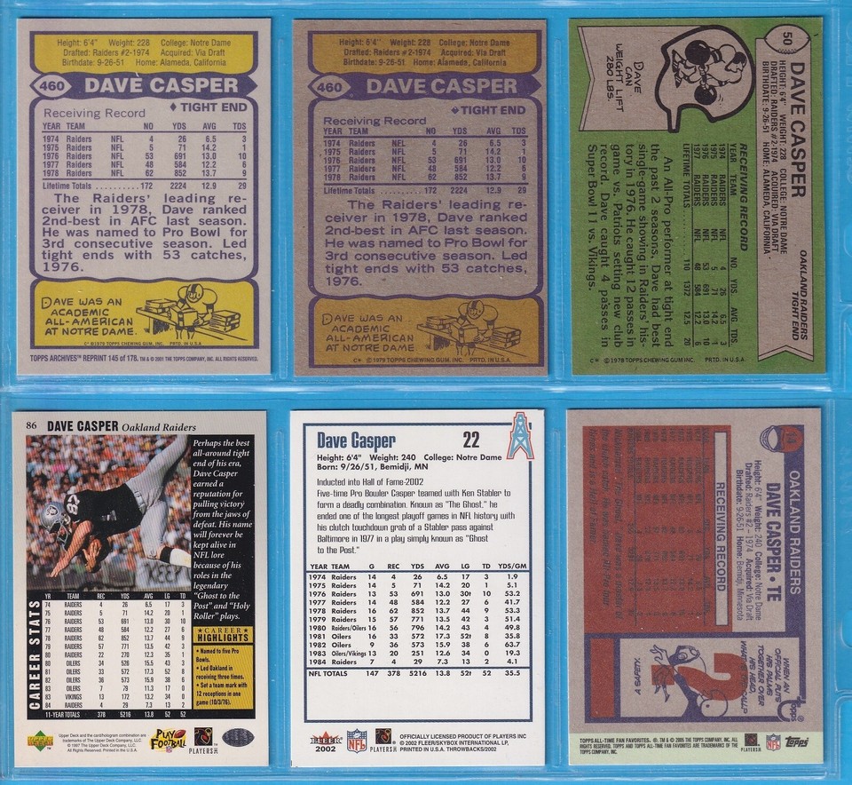 Dave Casper Lot (6 cards) 1978 1979 Topps Archives+ Oakland Raiders ...