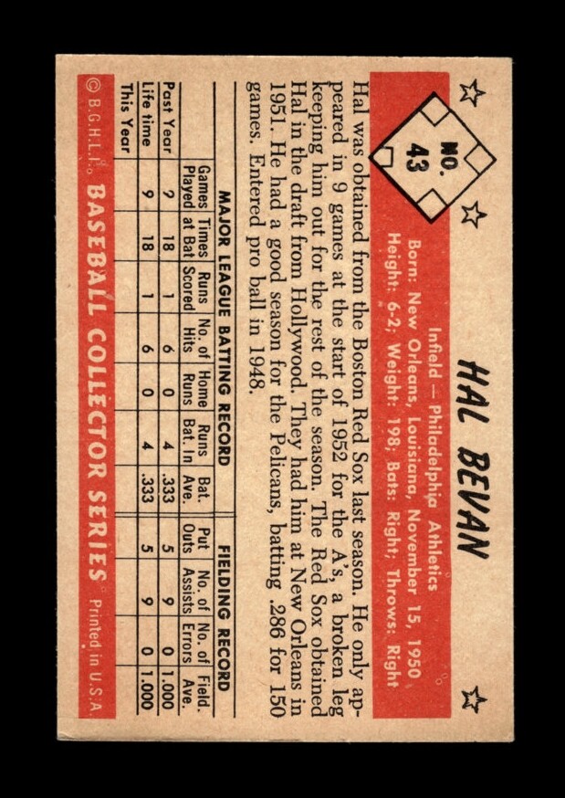 1953 Bowman B&W Set-Break # 43 Hal Bevan VG-VGEX (crease) *GMCARDS* | eBay