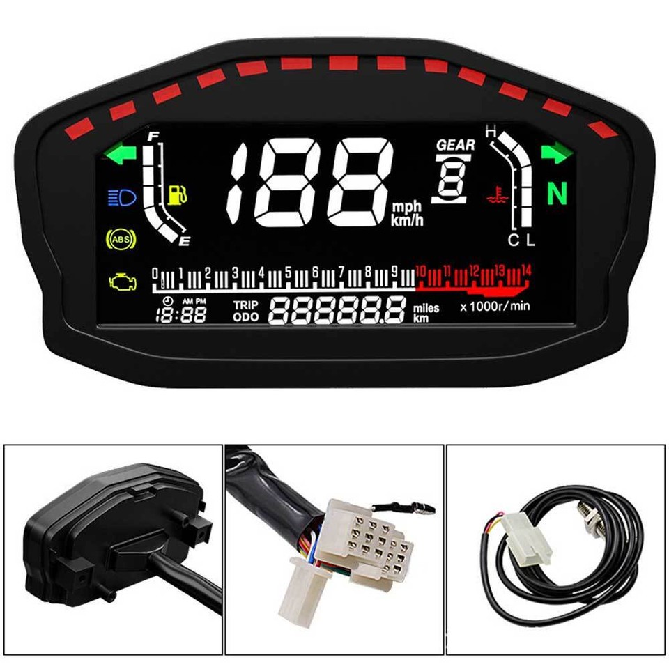 Universal Motorcycle LCD Digital Speedometer Odometer Tachometer KM/H ...