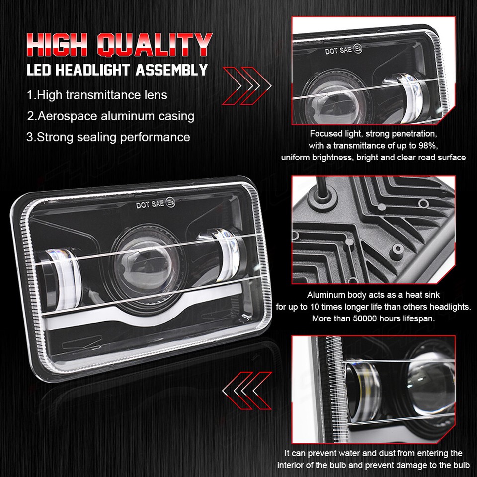 4Pcs 4x6 inch Square LED Headlights Hi/Lo Beam H4 For Oldsmobile ...