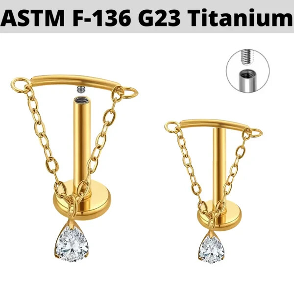 16G Gold Titanium Internally Threaded Hanging Pear Shape CZ Chain ...
