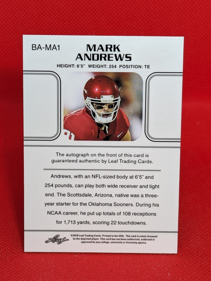 2018 Leaf Ultimate MARK ANDREWS Auto Rookie Draft Autograph RC Oklahoma ...