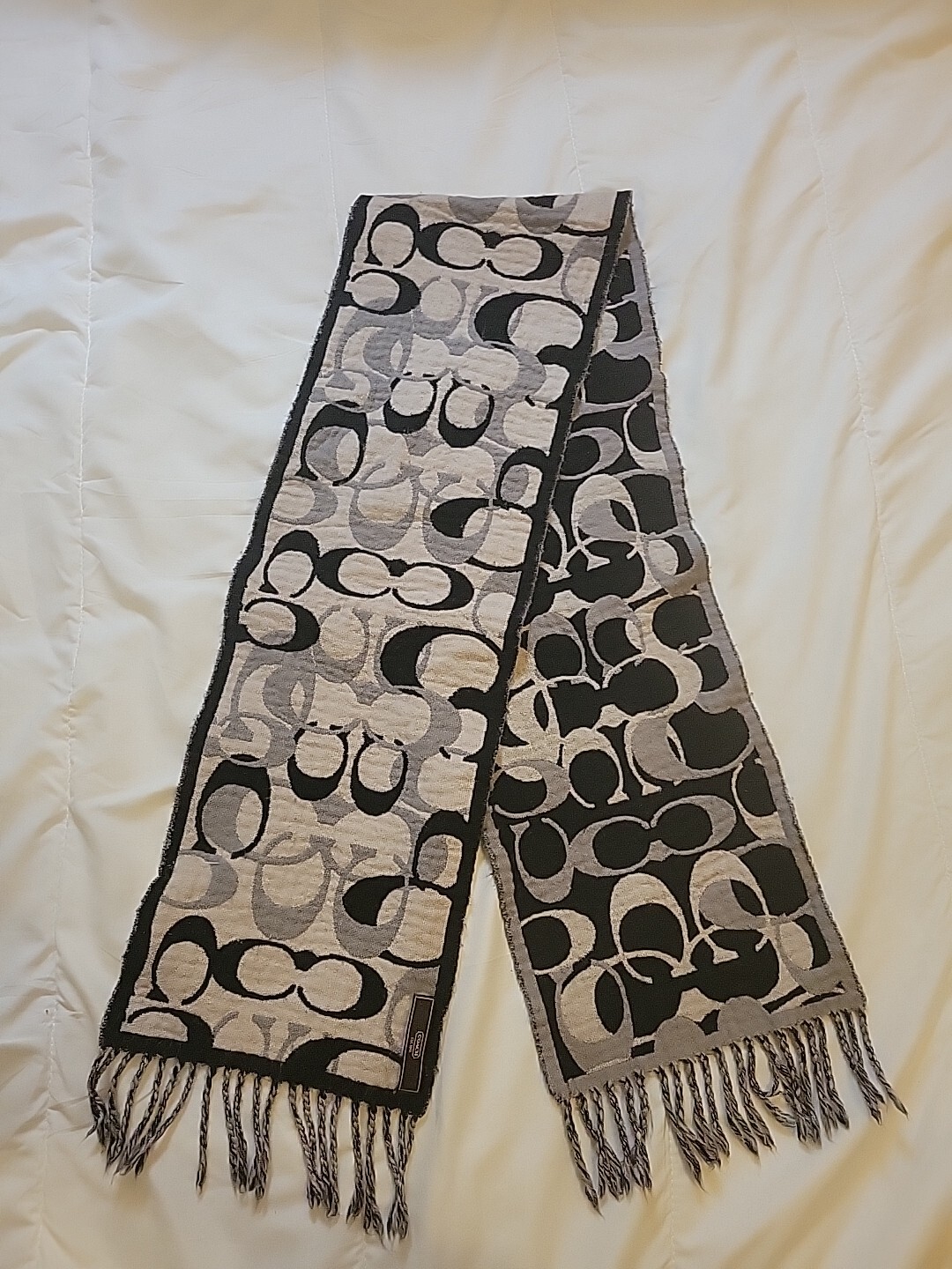 COACH 100% Merino Wool Reversible Scarf Shawl Black Gray Beige Fringes ...