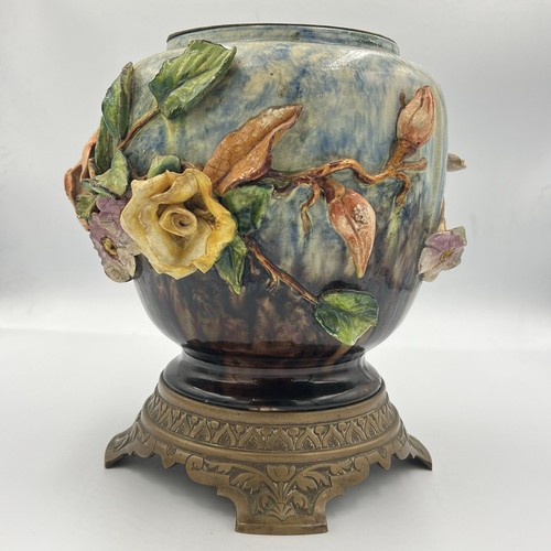 Antique Barbotine Majolica Jardinière Planter w/ Brass Base & Insert 3D ...