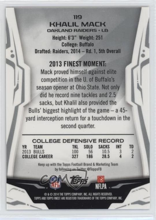 2014 Topps Finest Blue Refractor /99 Khalil Mack #119 Rookie RC | eBay