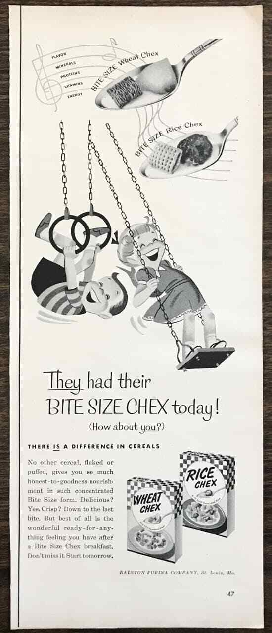 1953 Ralston Purina Chex Cereals PRINT AD Happy Kids Playing on Swing ...