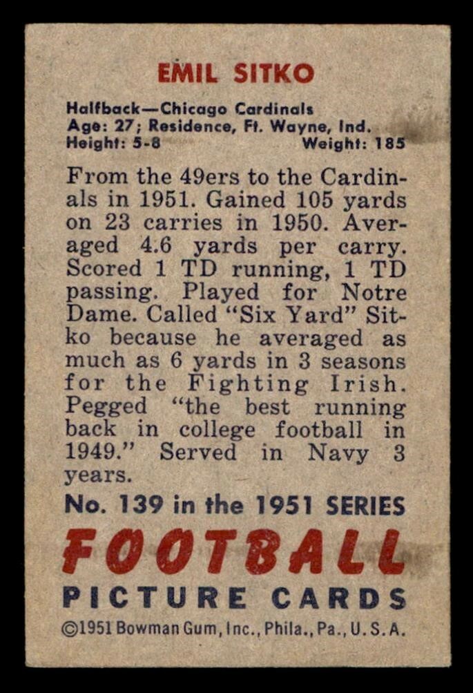 1951 Bowman Football #139 Emil Sitko VG/EX | eBay