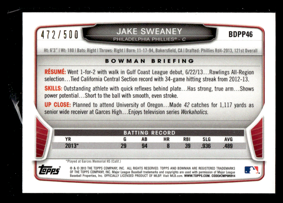 2013 Bowman Draft Blue #BDPP46 Jake Sweaney Philadelphia Phillies /500 ...