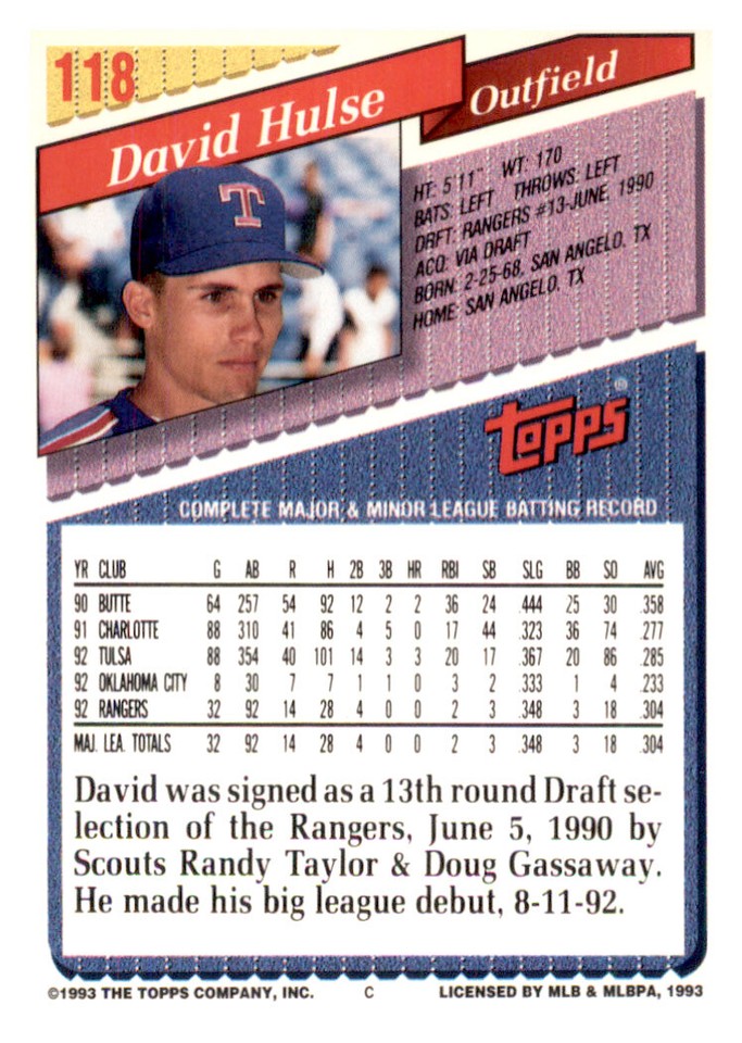 1993 Topps Gold David Hulse Rookie RC Foil MLB Insert PWE Rangers #118 ...