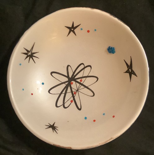 8" VINTAGE EVANS METAL DECORATIVE PEDESTAL BOWL W/ ATOMIC STARBURST ...