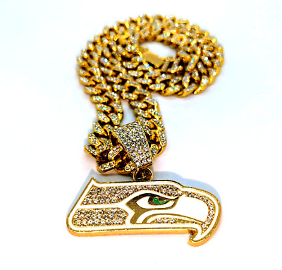SEATTLE SEAHAWKS GEM NECKLACE Gold NFL Team Bling Hip Hop Pendant & 20 ...