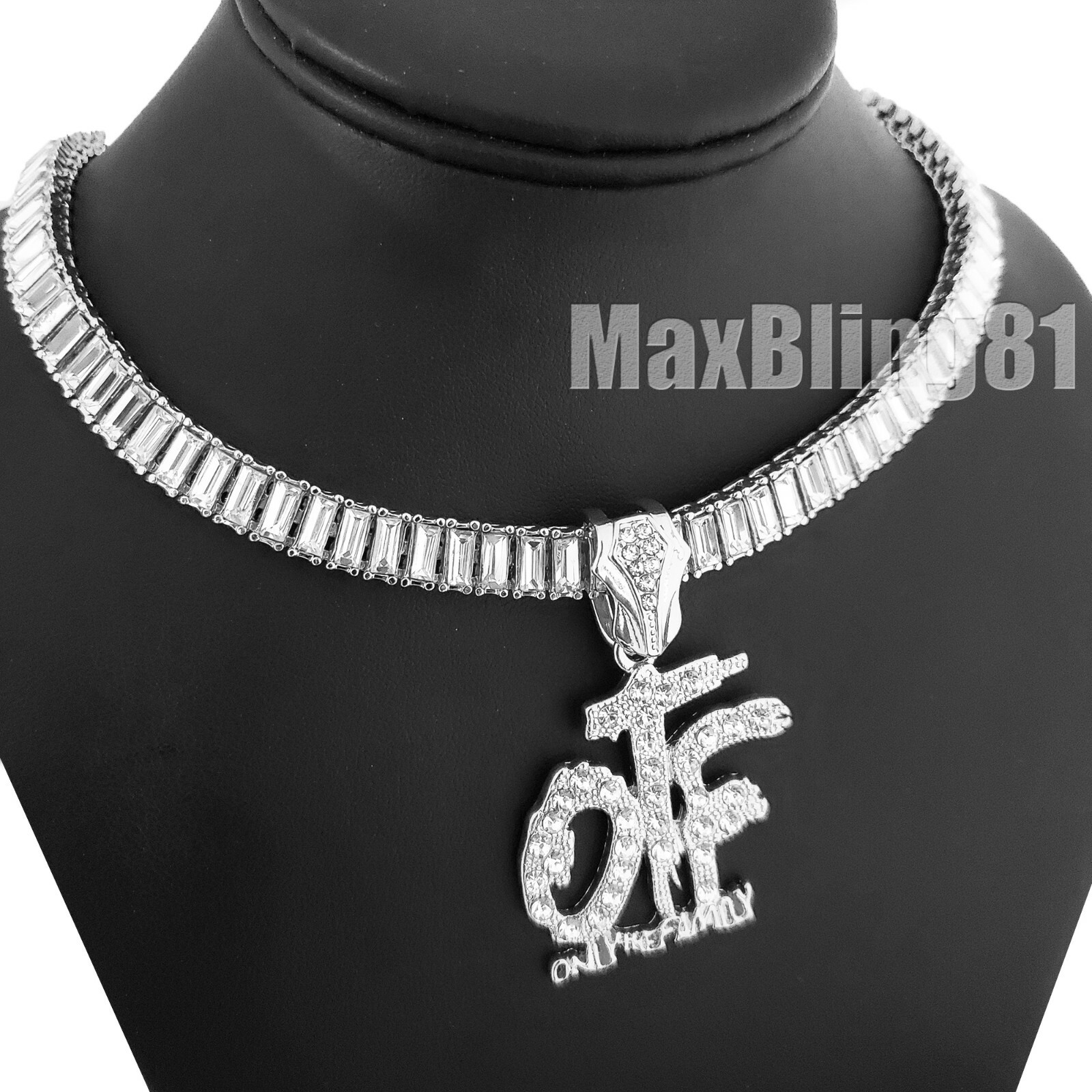Silver PT Only the Family OTF Pendant & 18" 20" 24" Iced Baguette Chain ...