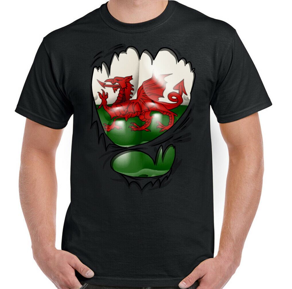 Wales T-Shirt Welsh Flag Mens Rugby Banner Cymru St Davids Day Top Torn ...