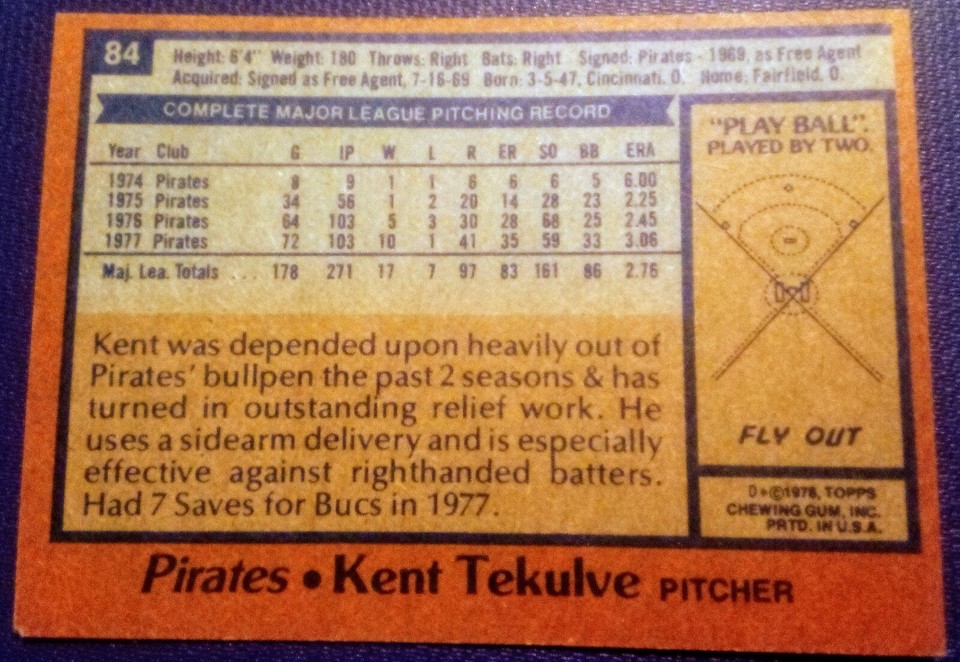 1978 Topps #84 Kent Tekulve Pitchers Pittsburgh Pirates ⚾ FREE SHIPPING ...