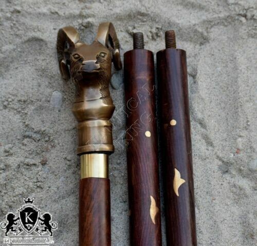 New Antique Brass Goat Head Handle Vintage Design Wooden Walking Cane ...