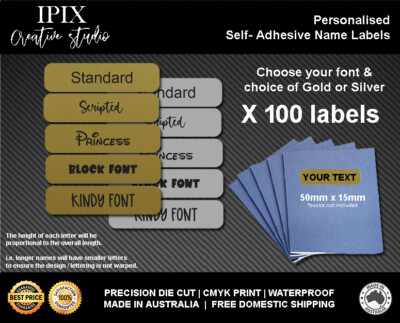 100 x Kids School Stationary Name Labels | 50mm x 15mm | Gold or Silver ...