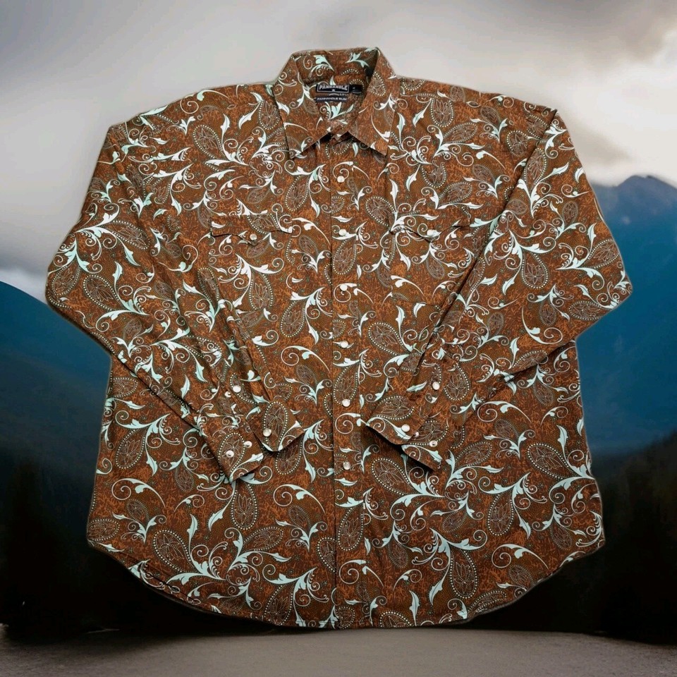 Panhandle Slim Cowboy Shirt Men XL Brown w/ Blue Print Pearl Snap ...