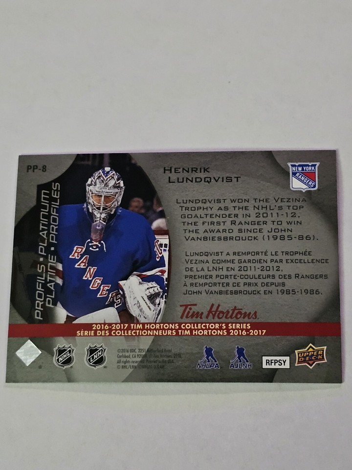 2016-17 Tim Hortons Platinum Profiles Henrik Lundqvist PP-8 Rangers | eBay