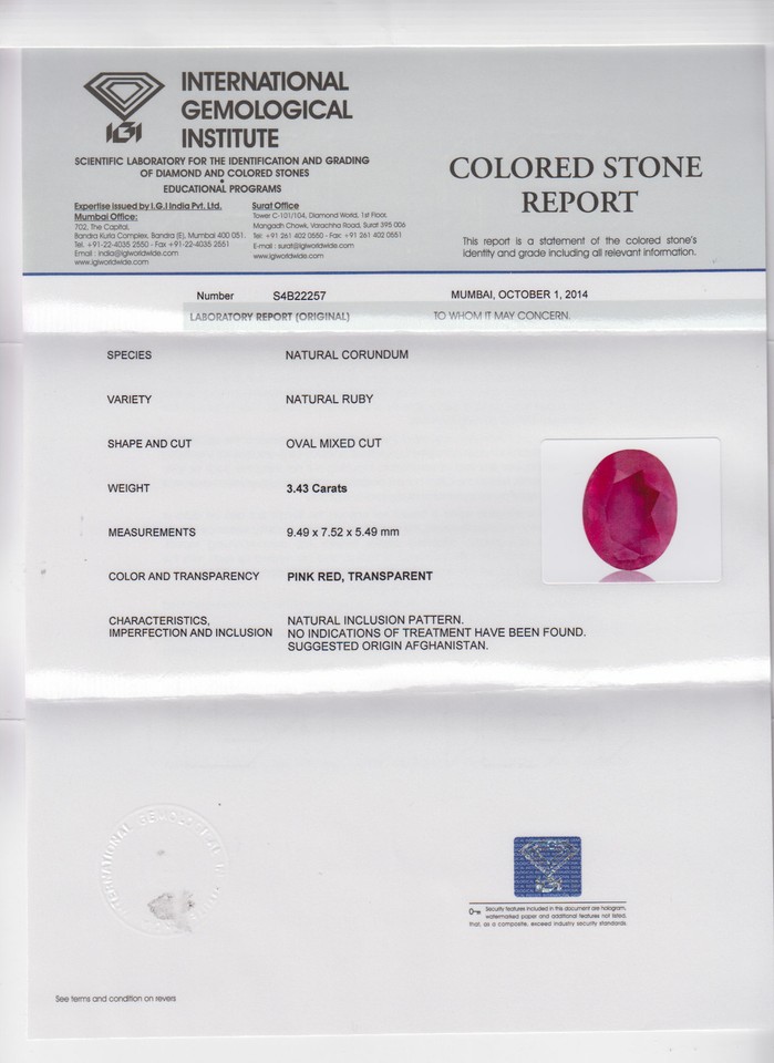 IGI Certified AFGHANISTAN Ruby 3.43 Cts Natural Untreated Rich Velvety ...