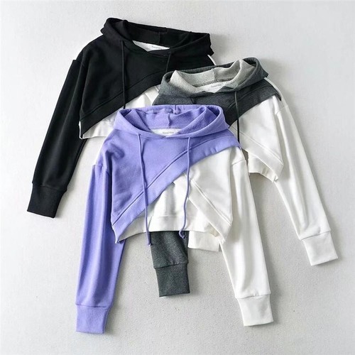 Womens Casual Irregular Two-Toned Hoodies Cropped Top Hooded Pullover ...