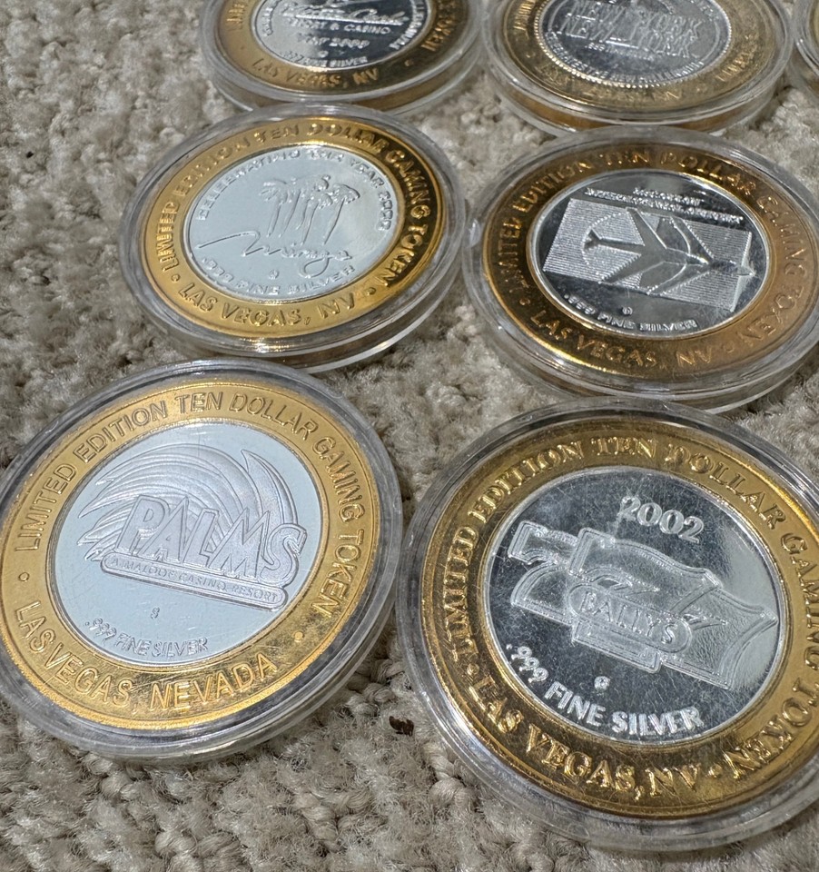 LOT of 11 Las Vegas $10 Silver Casino Gaming Tokens .999 Fine Silver ...