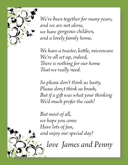 25 Money Cash Gift Poem Cards - Personalised - Wedding, Honeymoon Money ...