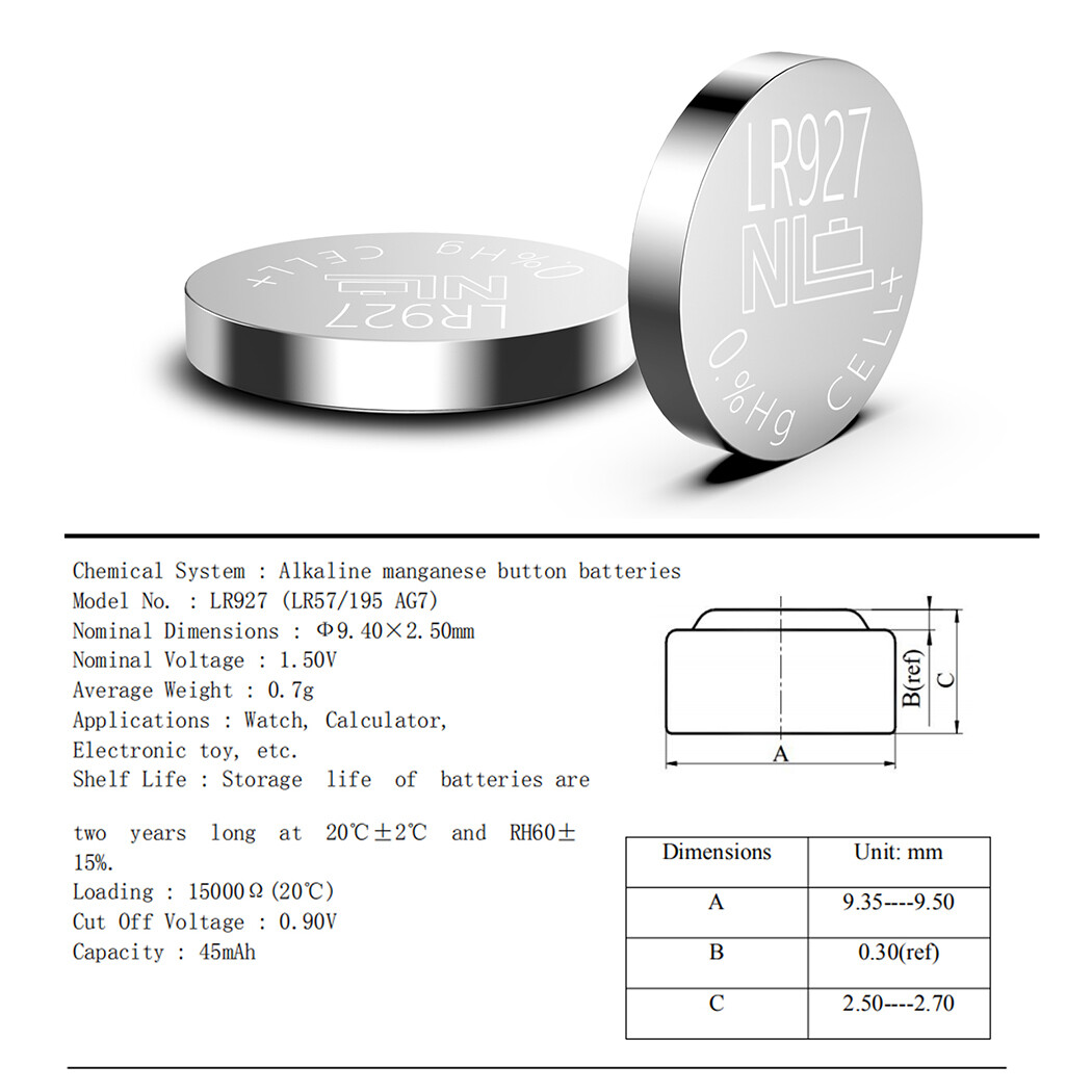 50 AG7 395 LR57 LR927 SR57 1.5 Volt Alkaline Button Cell Watch Battery ...