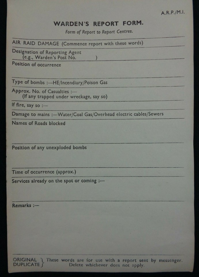 WW2 AIR RAID WARDEN'S REPORT FORM - HOME FRONT - ARP - CIVIL DEFENCE ...