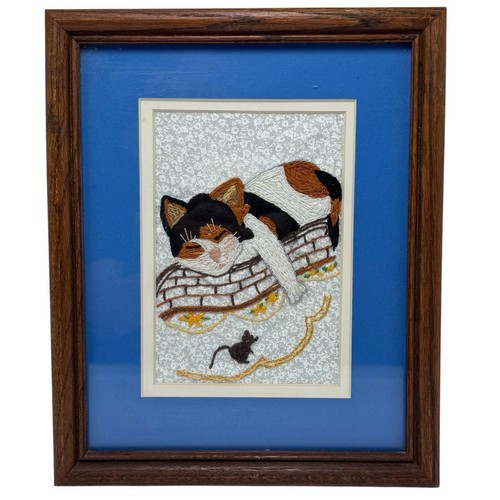 Vintage Embroidered Calico Cat Mouse Matted Framed Art | eBay
