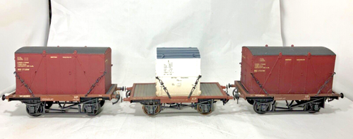 O Gauge kit built BR 12TON Conflat wagons with Containers X 3 weathered ...