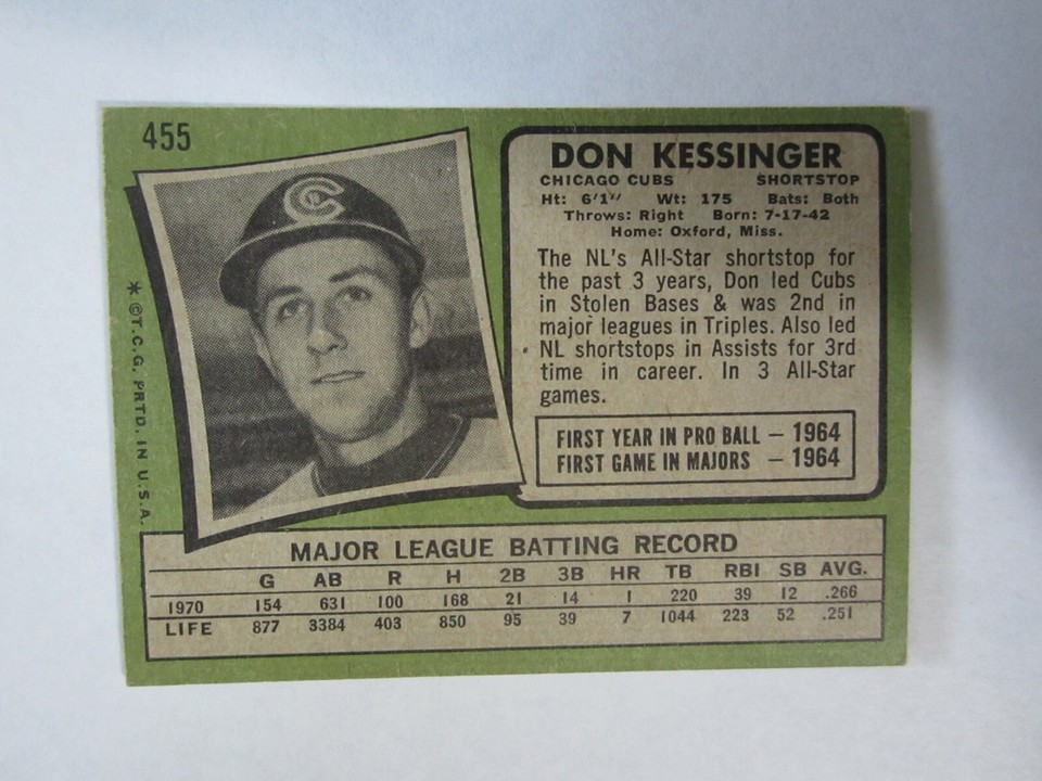 1971 Topps # 455 Don Kessinger Autograph / Signed Card Chicago Cubs (C4 ...