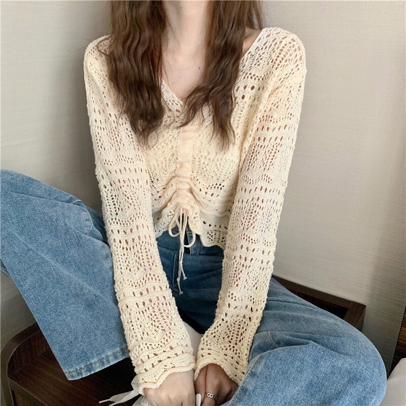 Women Knitted Cropped Sweater Hollow Crochet Pullover Drawstring Thin ...
