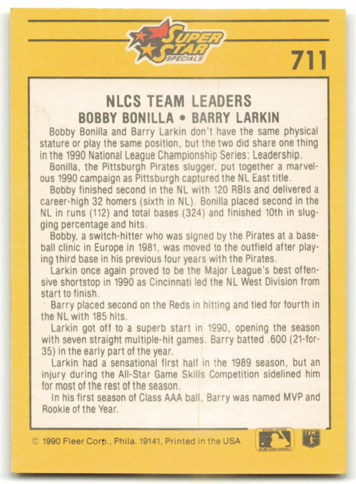1991 Fleer #711 Bobby Bonilla, Barry Larkin SSS Pittsburgh Pirates ...
