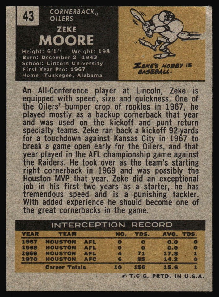 1971 Topps Zeke Moore Rookie #43 Houston Oilers | eBay
