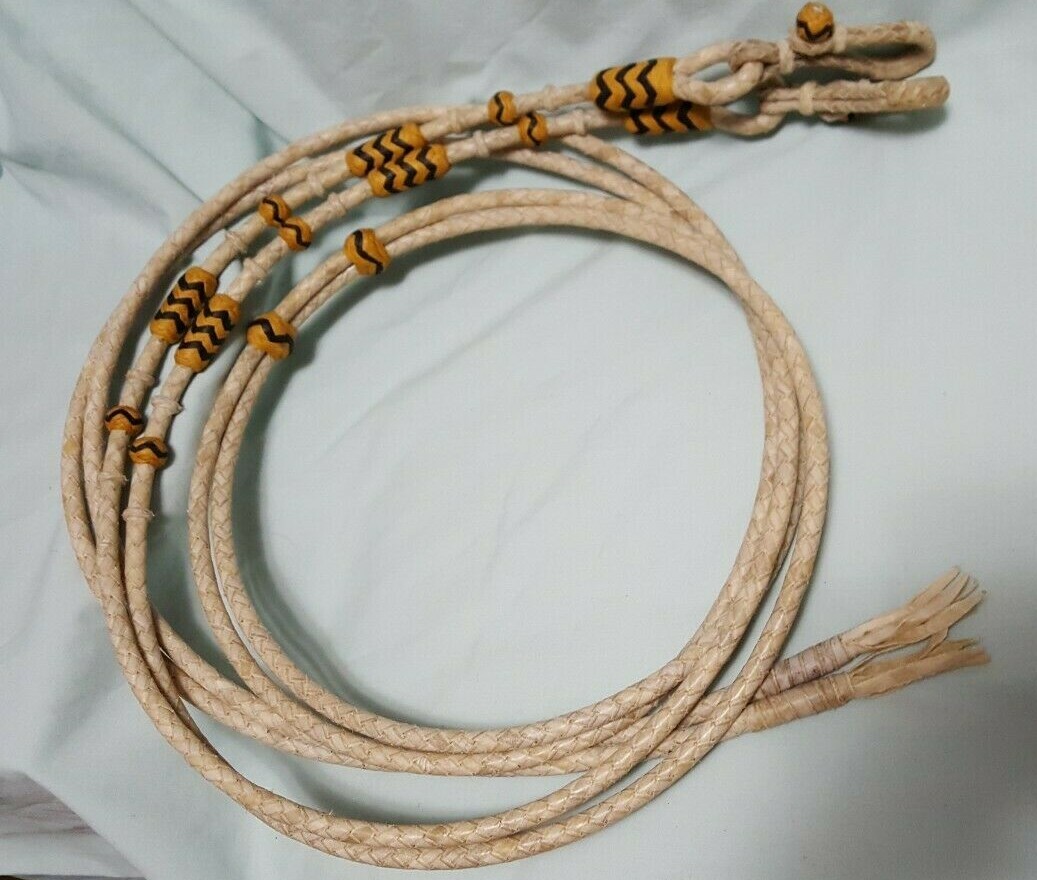 Split Reins w Connectors Natural Rawhide w/ Yellow/Blk Details- 8 feet ...
