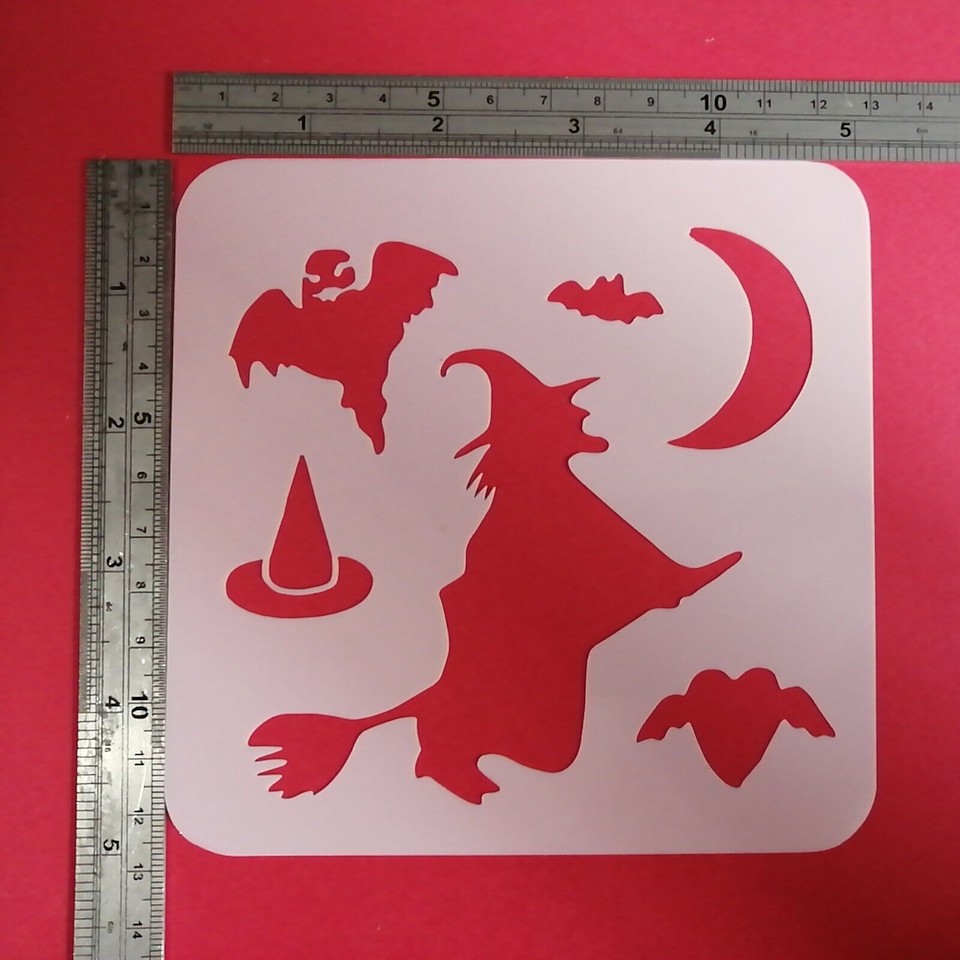 Halloween Stencil Witch Ghost Haunted House Pumpkins Skeletons Bones ...