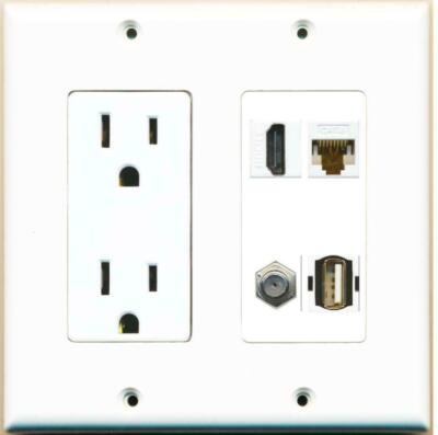 [ 2 GANG ] 15A Duplex Power Outlet HD Coax Cable CAT6 LAN USB Wall ...