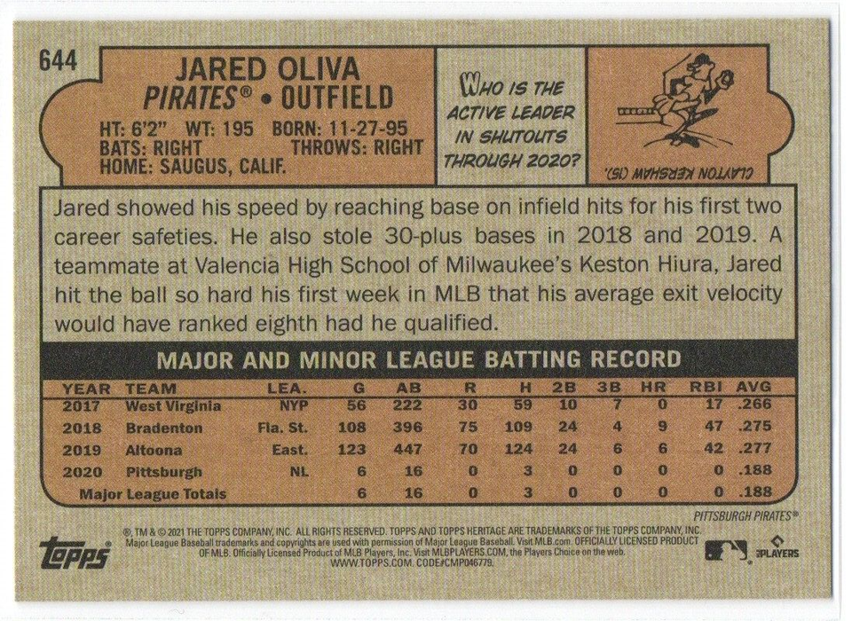 Jared Oliva 2021 Topps Heritage #644 RC Rookie Card Pittsburgh Pirates ...