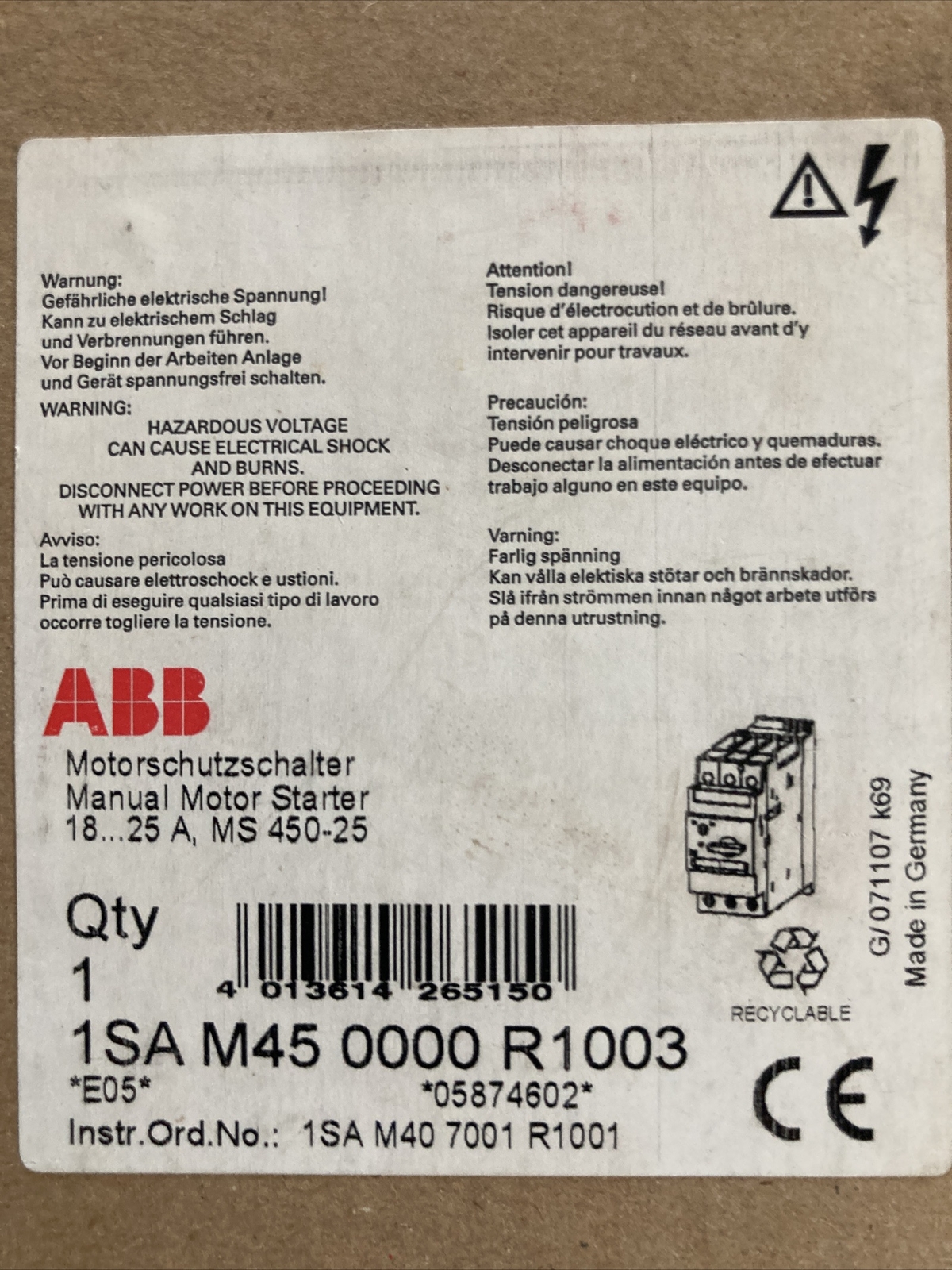 ABB+1sa+M45+0000+R1003+Manual+Motor+Starter+Ms450+Trip+Range+10-25a for ...