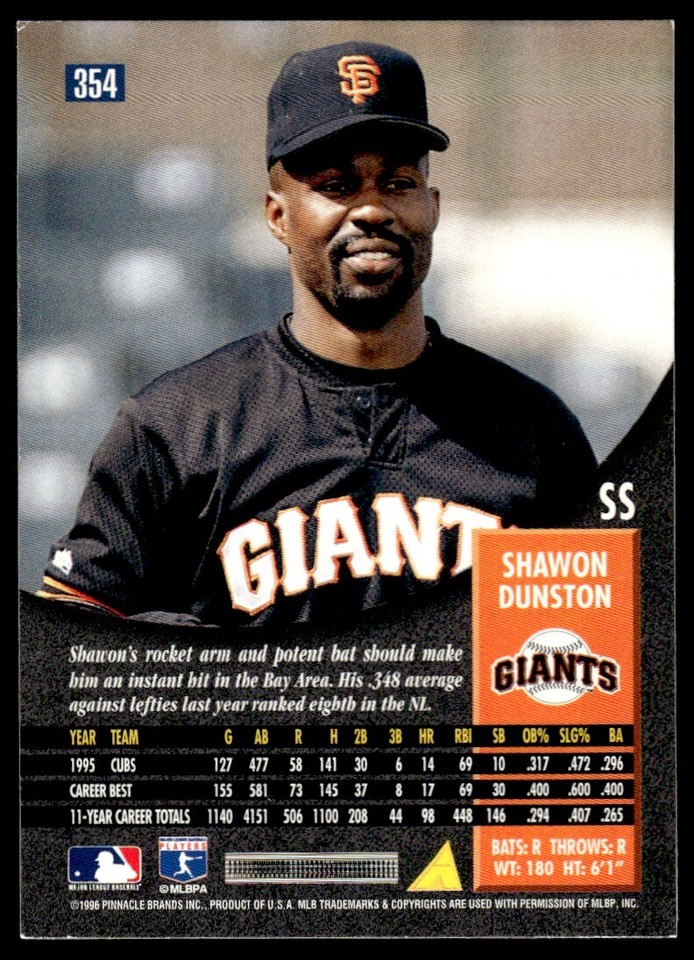 1996 Pinnacle Foil Shawon Dunston San Francisco Giants #354 | eBay