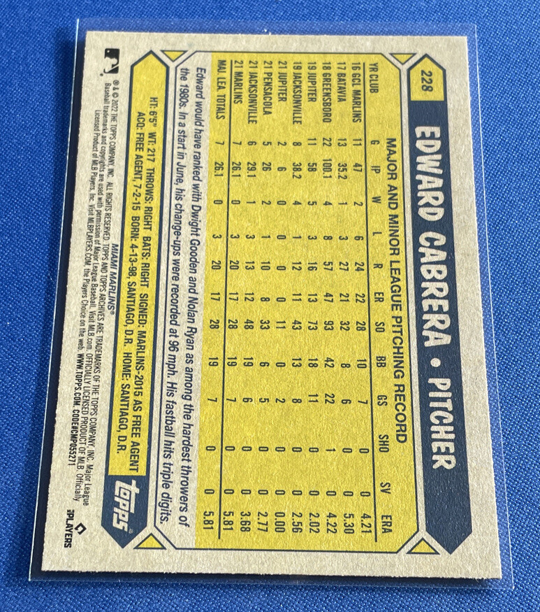 2022 Topps Archives - 1987 Topps Design #228 Edward Cabrera RC Miami ...