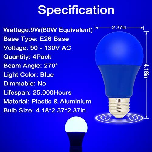 Led Blue Light Bulbs 4 Pack A19 E26 Base Blue Bulb 9w 60w Equivalent ...