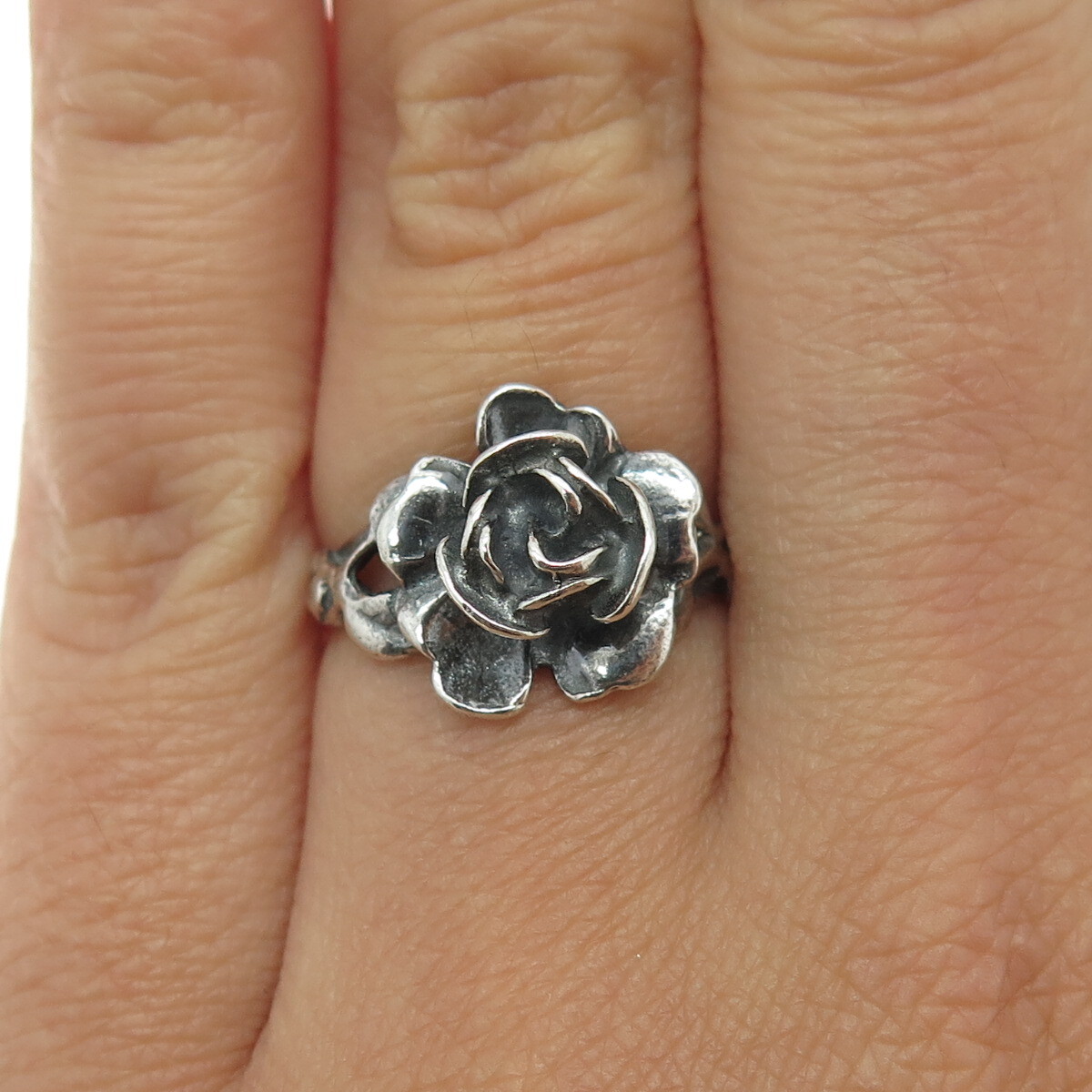 925 Sterling Silver Vintage Rose Flower Oxidized Ring… - Gem