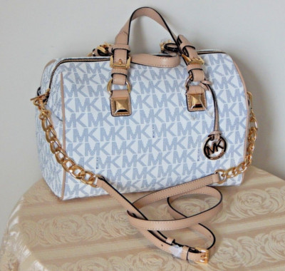 Michael Kors Signature MK Monogram GRAYSON White Navy MD Chain Satchel ...