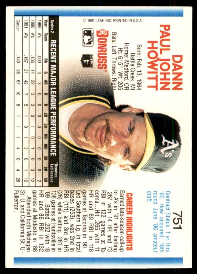 1992 Donruss Dann Howitt Oakland Athletics #751 | eBay