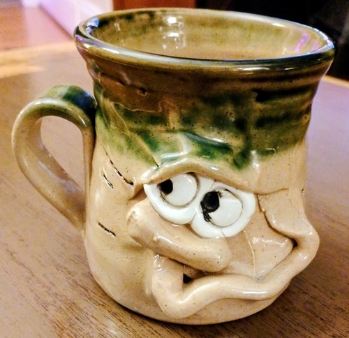 Handmade Pottery 3D Silly Face Mug Coffee Tea Handled Cup Beige w ...