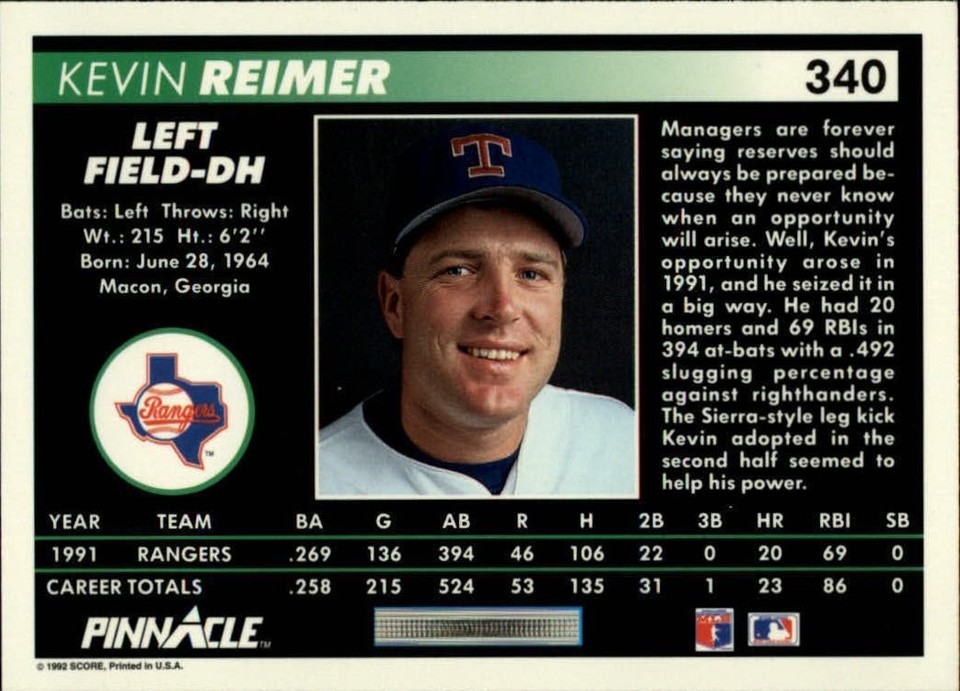 1992 Pinnacle #340 Kevin Reimer Texas Rangers | eBay